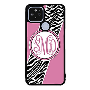 Zebra Animal Skin Pink Script Monogram Black Rubber Phone Case Compatible With Google Pixel 8 Pro, 8a, 8, 7a, 7, Pixel 7 Pro, 6a, Pixel 6 Pro, 6, 5, 4a 5G, 4a 4G, 4, 4 XL, 3a, 3a XL, 3, 3 XL, 2
