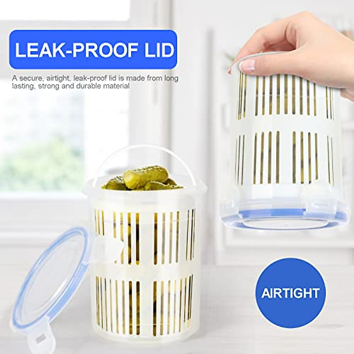 BestAlice 2 Pack Pickle Jar with Strainer Insert, Transparent Pickle Storage Container with Leaks-Proof and Lock It Lid, Pickle Holder Keeper Lifter, Barrel of Olive Jalapeno, Food Storage Container