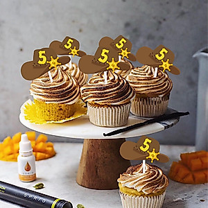 18pcs Gold Glitter Cowboy Hat 5 Dessert Cupcake Topper Cow Country Western Bull Riding Bull Rider Competition Theme Decor Supplies Boy Girl Happy 5th Birthday Party Decorations