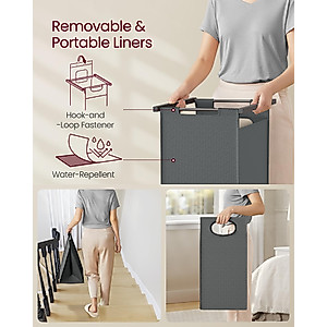 VASAGLE Laundry Basket, 2-Section Laundry Hamper with Pull-Out and Removable Liners, Clothes Rail, 2 x 12.1 Gallons, 28.7 x 13 x 69.7 Inches, Heather Greige and Slate Gray UBLH231G02