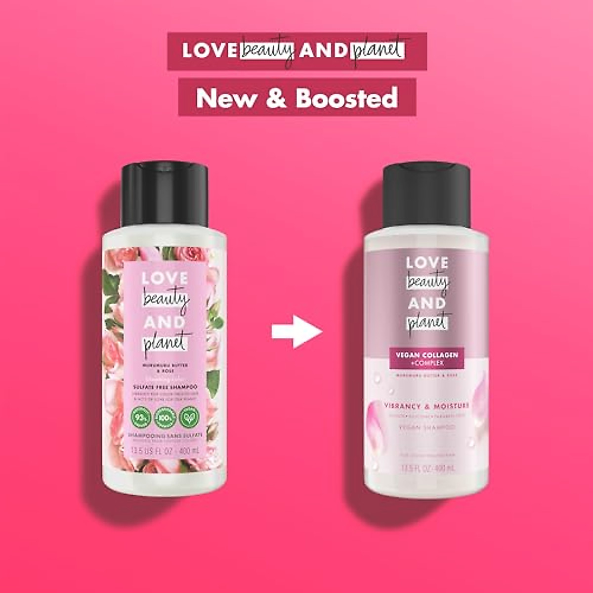 Love Beauty and Planet Vegan Collagen Moisture Shampoo Murumuru Butter & Rose Pack of 4 for Color-Treated Hair Vibrancy, 13.5 oz