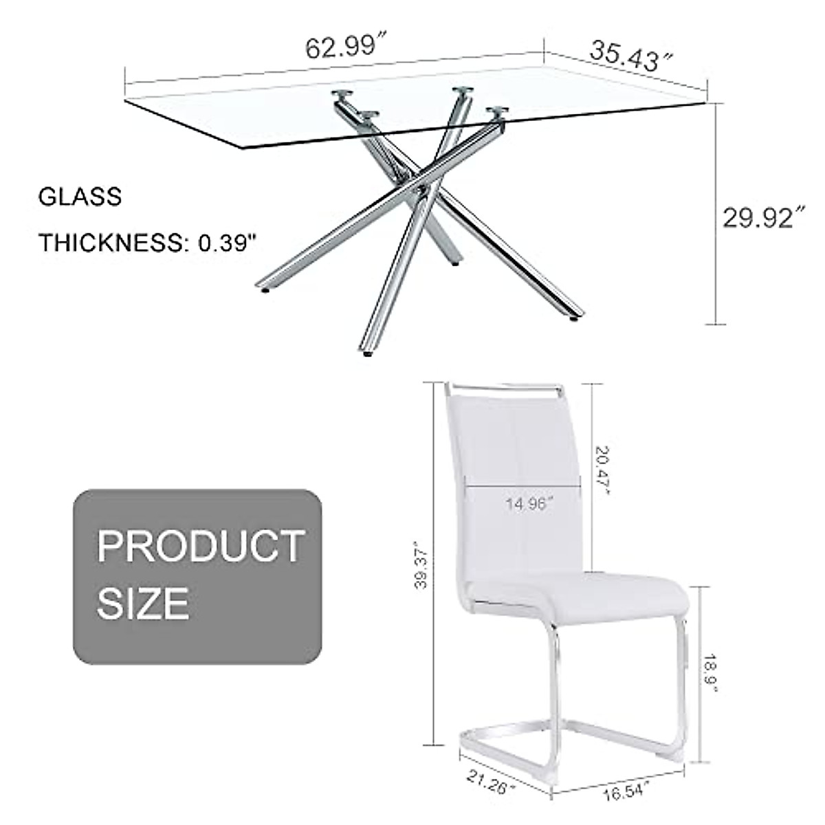 Ebullient 63" Glass Dining Table Set for 6 Modern Tempered Glass Top Dining Room Table with 6 Pcs White Faux Leather Dining Chairs，Kitchen & Dining Room Sets (Silver Base, White)