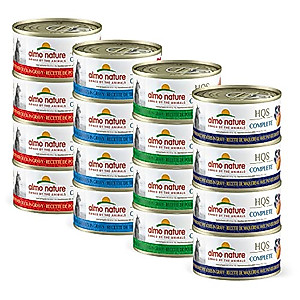 Almo Nature HQS Natural Variety Pack Grain Free, Additive Free Recipes - Chicken w/Duck (6); Tuna w/Sardines (6); Chicken w/Green Beans (6); Mackerel w/ Sweet Potatoes (6) Adult Cat Canned Wet Food