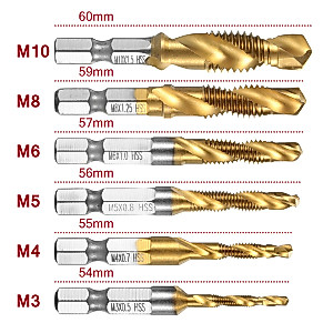 6 Pcs Spiral Tap Drill Bit Set Titanium Coated HSS Fluted Machine Screw Tap Kit, Hex Shank Combination Drill Tap Bit Spiral Screw Tap Set M3-M10, (1 Pack 6 Pcs Silver)