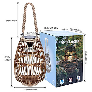 pearlstar Outdoor Solar Lantern Hanging Lights Natural Rattan Solar Lantern with Handle, Waterproof Large Solar Lights Table Lamp for Yard Garden Patio Wedding Home Decoration, Edison Bulb