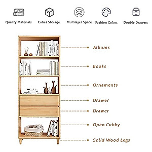IOTXY Floorstanding Wooden Bookcase with Legs - 67" Tall Open Shelves Cube Billy Bookshelf with Drawers for Home and Office, Oak