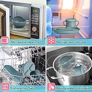 8 Pack Baby Feeding Eating Supplies Silicone Suction Divided Plate Baby Bibs Suction Bowl Silicone Placemat Silicone Spoon and Fork Silicone Cup with Straw Baby Tableware Set for Toddler (Dusty Blue)