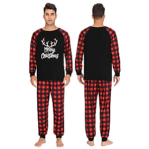 SWOMOG Christmas Matching Couple Pajamas Sets Family Xmas Jammies Casual Long-Sleeve Sleepwear Sets Festival PJ Set Women and Men Merry Chrismas Large