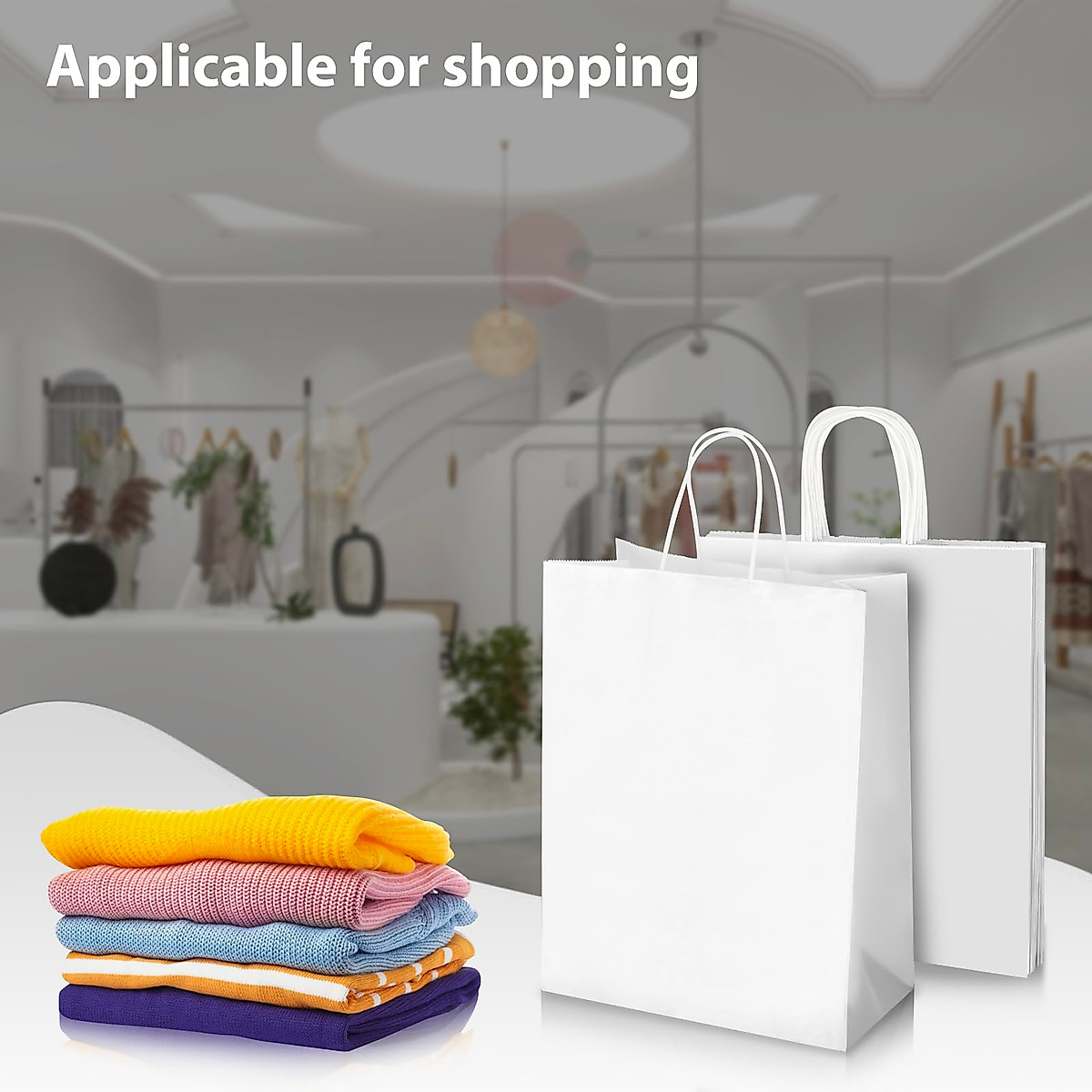 Oikss 50 Pack 10x5x13 White Kraft Paper Bags with Handles Bulk for Birthday Party Favors Grocery Retail Shopping Business Goody Recycled Craft Gift Bags (Large Size, 50 Count)