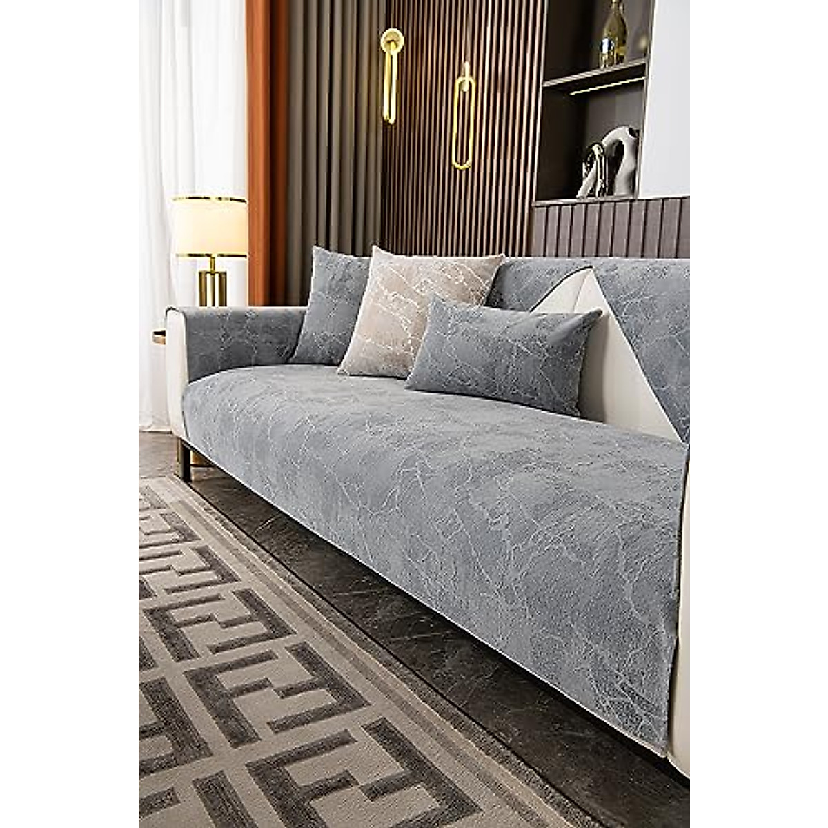 Huierxun Luxury Solid Color Chenille Sofa Cover Marble Pattern Soft Sofa Slipcover Non-Slip Sectional Couch Covers Anti Cat Scratch Armrest Backrest Recliner Cover (Grey,36''x36'')