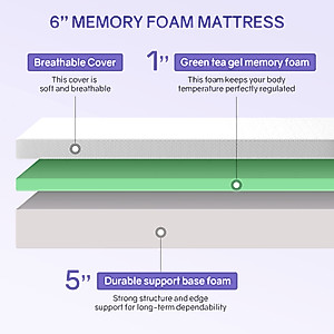 King Size Mattress Fiberglass Free 6 Inch Green Tea Cooling Gel Memory Foam Mattress in a Box,Medium-Firm,Pressure Relief&Temperature Regulation,CertiPUR-US Certified,White
