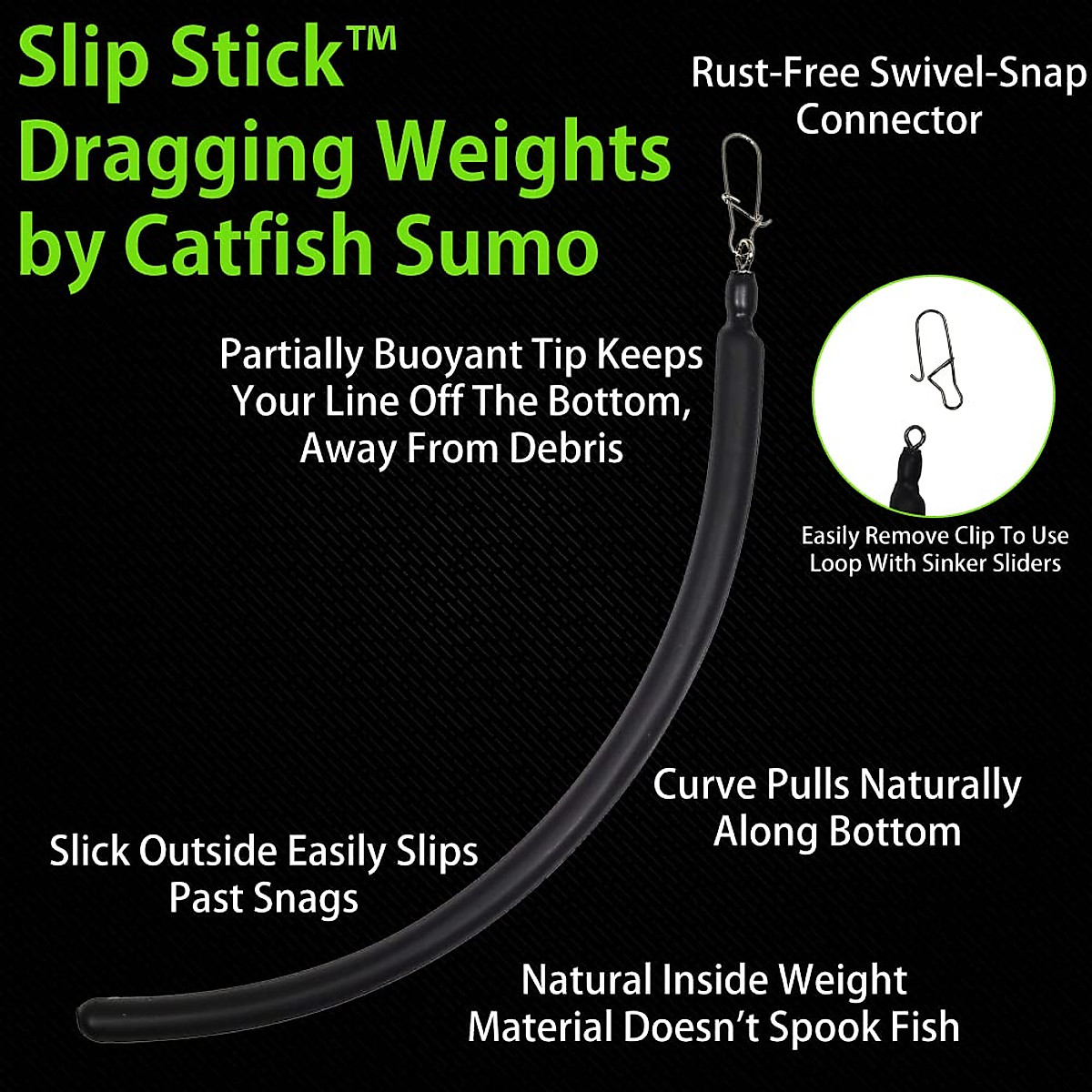 Slip Stick Dragging Weights, No-Snag Sinkers for Dragging, Trolling, Drift, Bottom Bouncing. Curved Flexible Trolling Lead (2oz, 5-Pack)