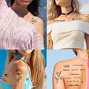 JEEFONNA Realistic Temporary Tattoos, 100 Sheets 240+ Pcs Tiny Fake Tattoos, Include 40 Sheets Inspirational Words Tattoo, 60 Sheets Butterflies Owls Feathers Hills Trees Wild Floral Flower Temporary Tattoos Stickers for Women Adult Kids (Bigger Size)