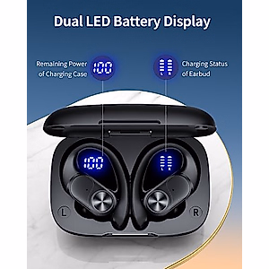 Bluetooth Headphones Wireless Earbuds 80hrs Playtime Wireless Charging Case Digital Display Sports Ear buds with Earhook Premium Deep Bass IPX7 Waterproof Over-Ear Earphones for TV Phone Laptop Black