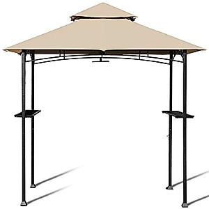 Tangkula 8' x 5' Grill Gazebo, Outdoor Patio Barbecue Gazebo Shelter with LED Lights, 2-Tier Canopy Top Cover Grill Gazebo with Sturdy Steel Frame, Ideal for Gatherings, Parties (Khaki)