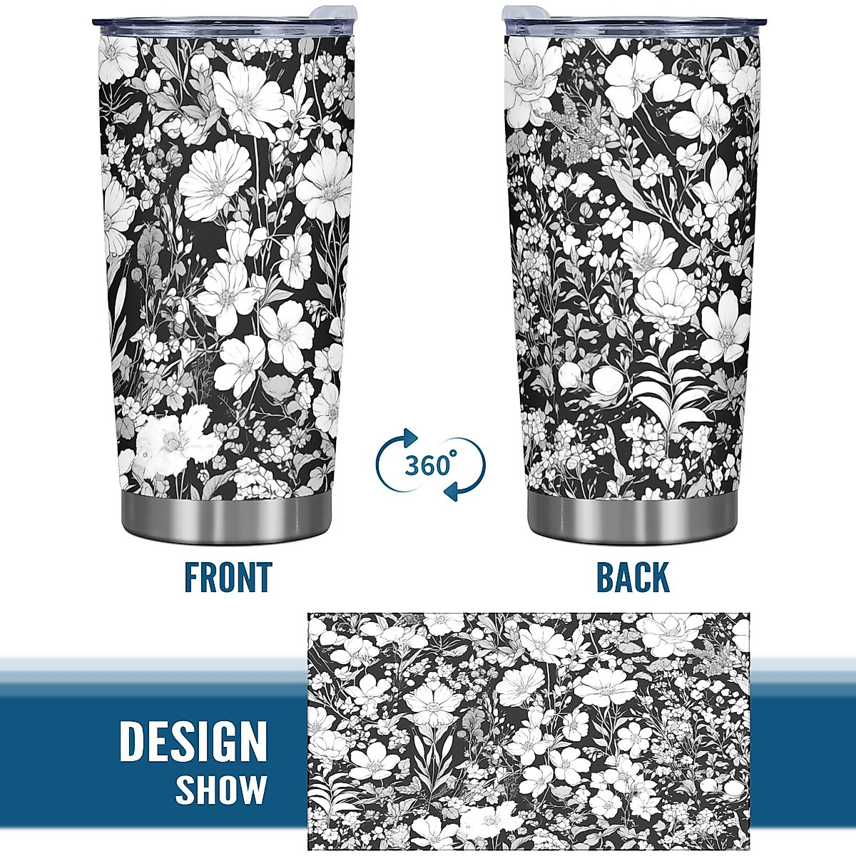 QWEUIOP 20oz Insulated Travel Coffee Mug Hand Drawn White Flowers Stainless Steel Tumbler with Lid Double Wall Vacuum Coffee Cup For Hot and Cold Drinks14494