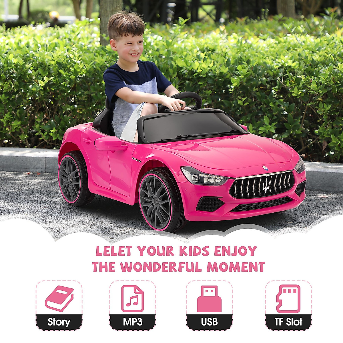 TOBBI Kids Ride on Car, 12V Licensed Maserati Ghibli, Electric Car for Boy Girl with Remote Control, 3 Speeds, Music, Bright Lights, MP3, USB, Electric Vehicle for Kids Ages 3-6 Years, Pink
