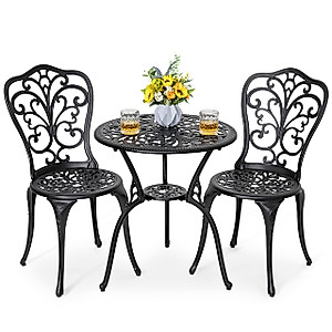 NUU GARDEN 3 Piece Bistro Set Outdoor, All Weather Cast Aluminum Patio Bistro Sets Patio Table and Chairs Set of 2 with Umbrella Hole for Yard, Balcony, Black, Butterfly Backrest