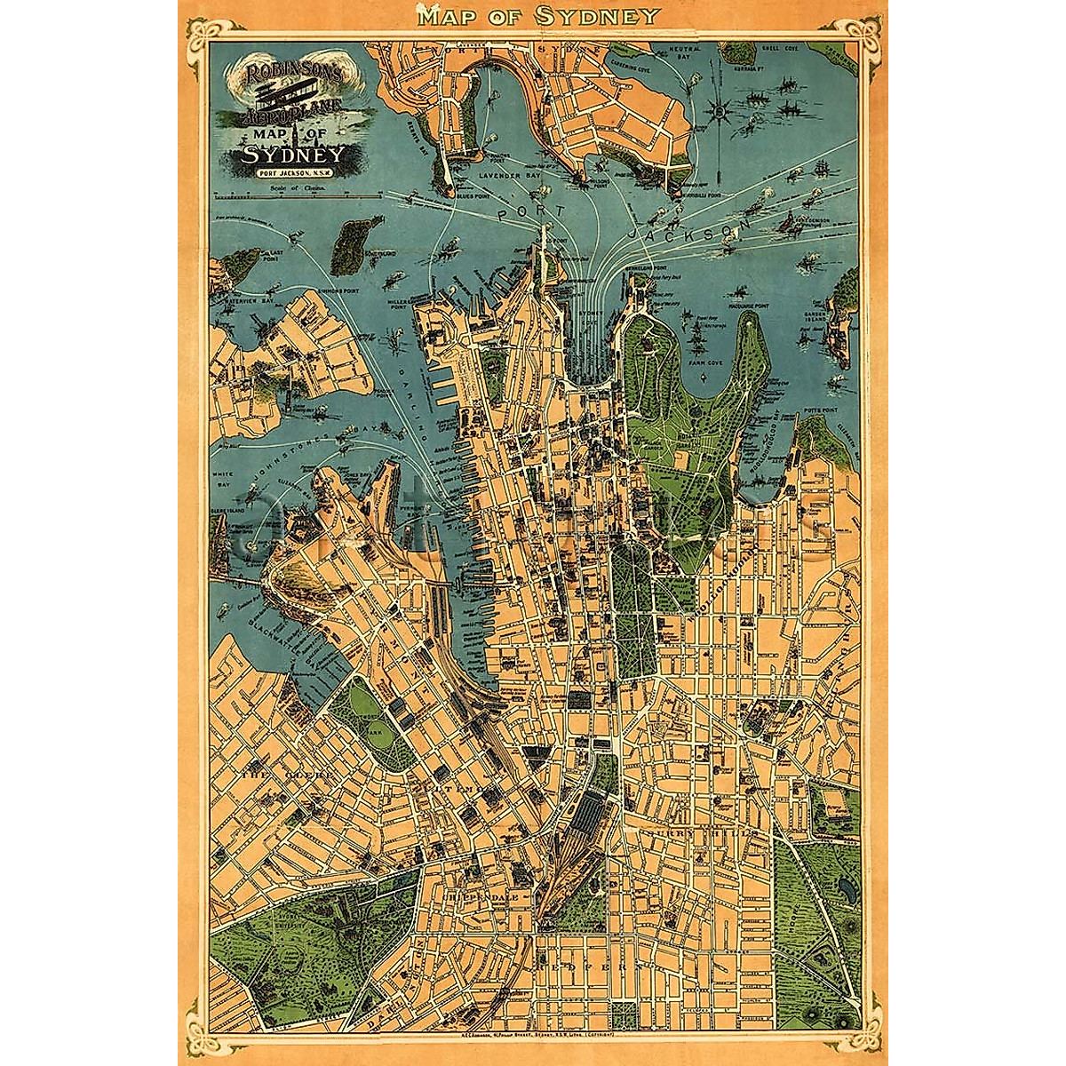 Antiguos Maps - Robinson's Aeroplane Map of Sydney Australia - Measures 24 in x 36 in (610 mm x 915 mm)