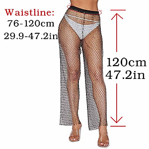 Lorealri Mesh Fishnet Pants Black Rhinestone Leggings Sparkly Crystal Cover Up Hollow Out See Through Bottoms Bikini,47.2in/120cm