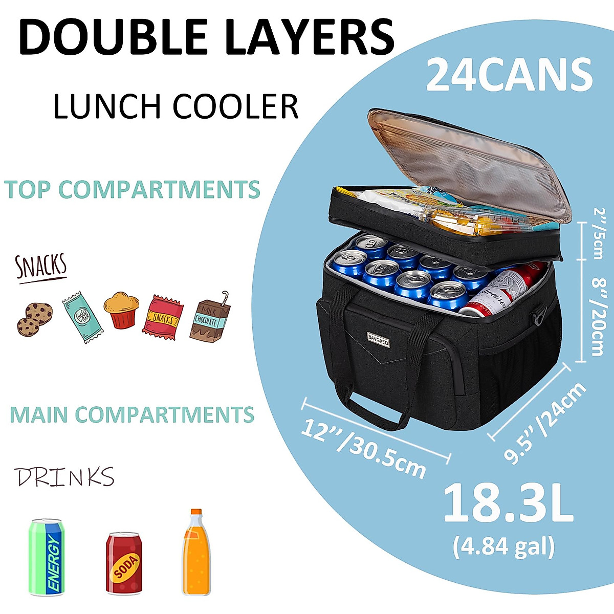 BAVGRED Insulated Lunch Bag for Men/Women-Large Adult Lunch Box-Leakproof Soft Warmer/Cooler Work Tote with Adjustable Shoulder Strap Black