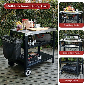 Grills House Movable 3-Shelf Grill Cart with Wheels, 33.5" L x 20" W Stainless Steel Tabletop, Multifunctional Dining Table for Pizza Oven, Food Prep, Outdoor Garden BBQ Trolley, PC-AMZ-3404S, Silver