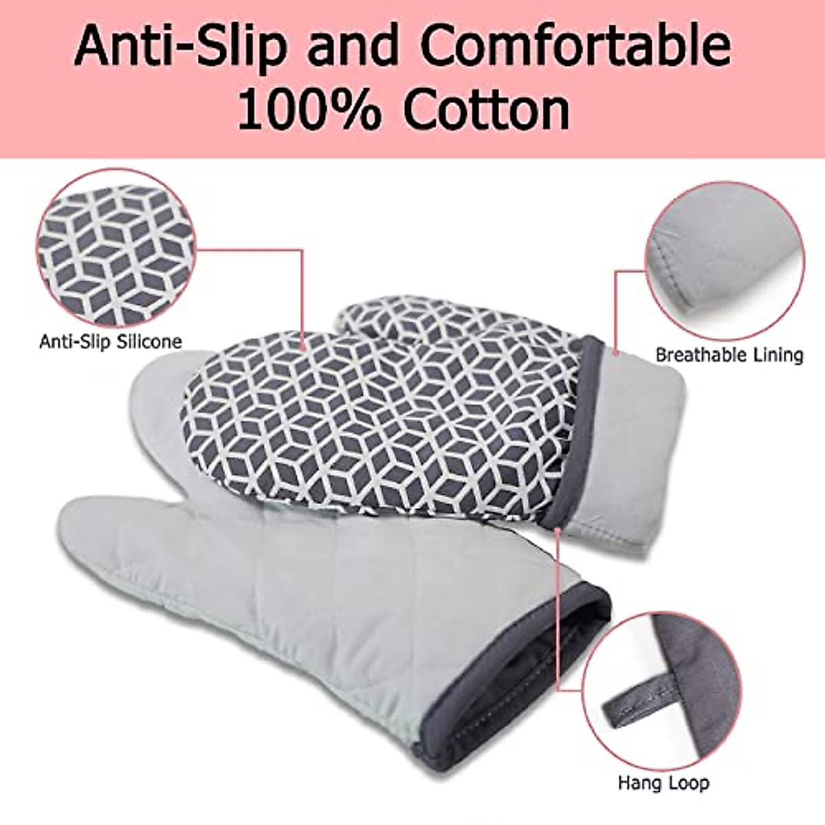 NAVITHOUS Oven Mitts and Pot Holders Sets 6pcs, Thick Cotton Oven Gloves High Heat Resistant 500℉with Extra Long Oven Mitts and Hot Pads Potholders with Non-Slip Silicone Surface for Cooking Baking