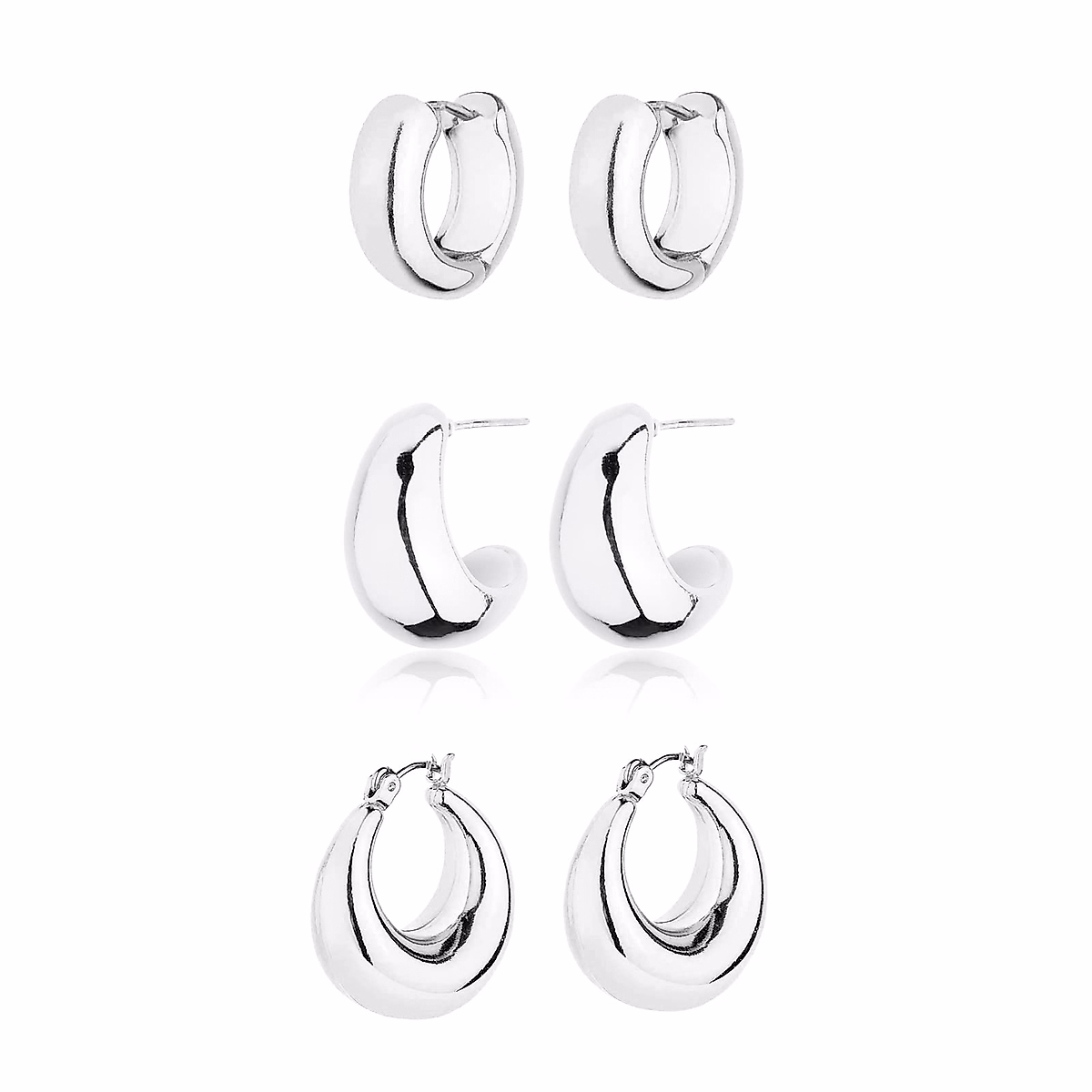 Gold Chunky Hoop Earrings Set for Women, 14K Gold Plated Twisted Huggie Hoop Earring Hypoallergenic, Thick Open Hoops Set Lightweight (3 silver hoop chunky)