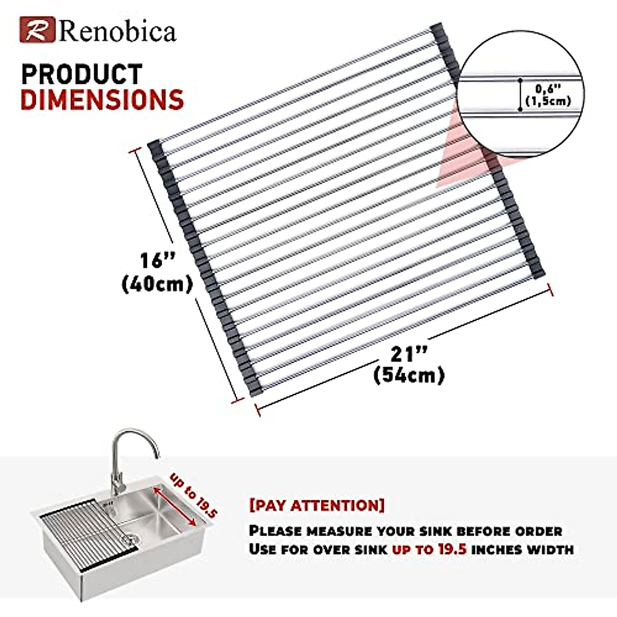 RENOBICA Roll Up Dish Drying Rack 21" x 16" - Over The Sink for Kitchen Counter, Foldable SUS304 Stainless Steel Dish Drying Rack for Cups, Utensils, Fruits, Vegetables