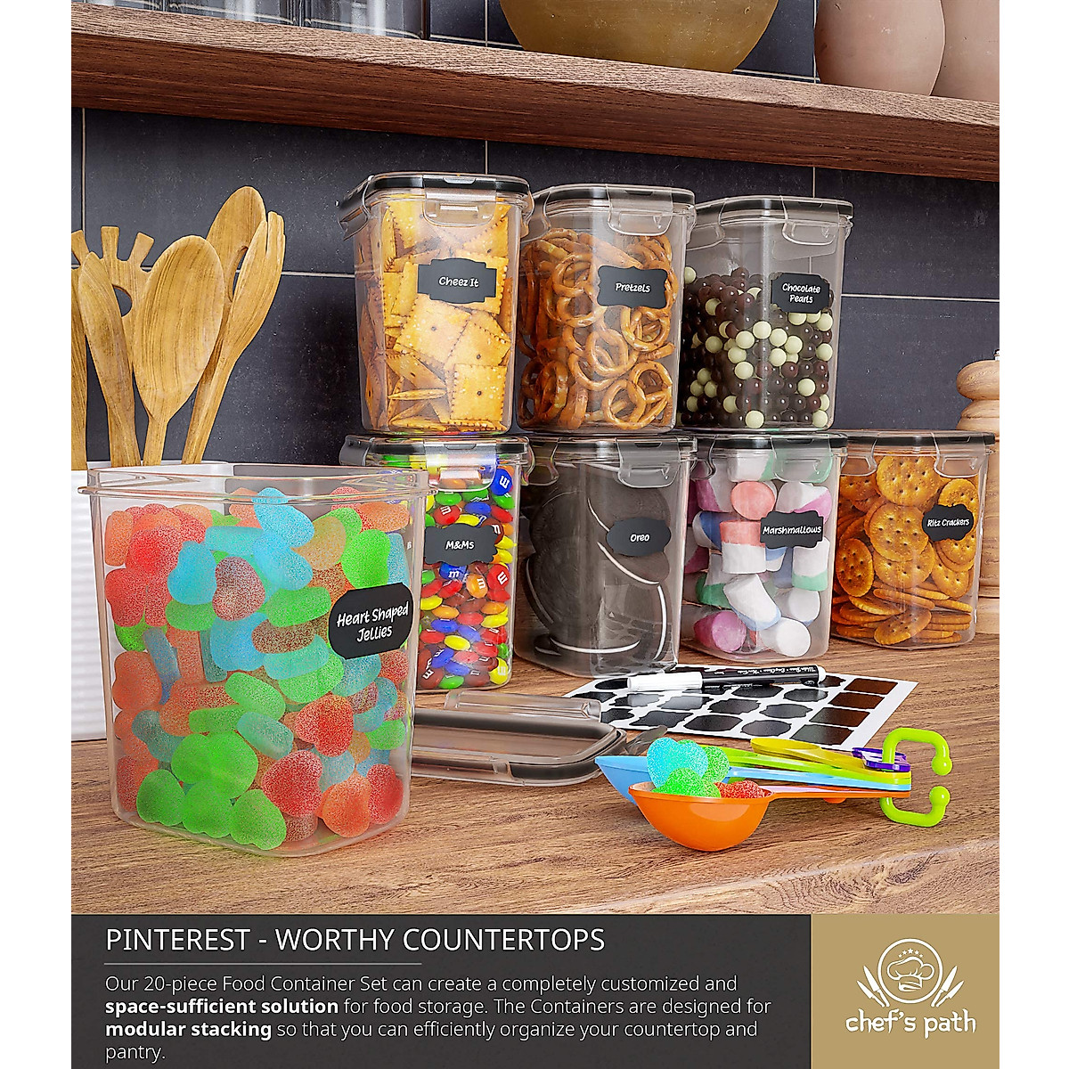 Chef's Path Airtight Plastic Food Containers with Lids - 20 Pack (1.6 Liter Each) - Durable Kitchen and Pantry Storage for Cereal, Rice, Pasta, Sugar - Airtight Food Storage Containers