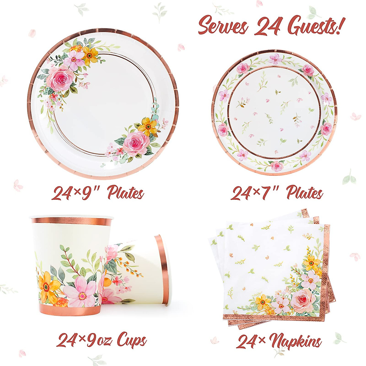 HOMIX Floral Paper Plates and Napkins Cups Sets Pink Flower Tea Party Supplies Disposable Dinnerware Sets Serves 24 for Bridal Shower, Birthdays