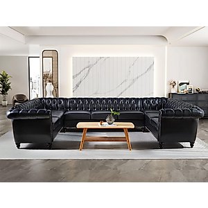 QHITTY U-Shaped Sofa, Sectional Chesterfield Leather Faux Couch 9-Seater Upholstered Large Accent Tufted Sofa with Rolled Armrest and Nailhead Design for Living Room, Apartment, Office (Black)