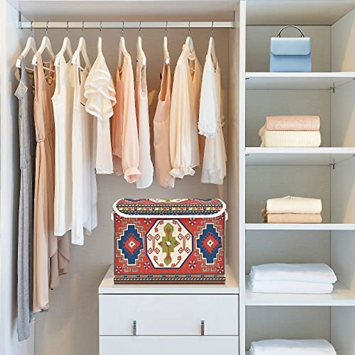 linqin Towel Storage Box with Lid for Shelves Persian Carpet Tribal Texture Storage Containers Collapsible Photo Box