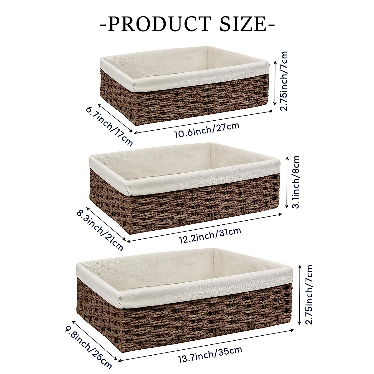 3 PCS Handmade Wicker Baskets for Organizing Storage Basket Set, Boho Decorative Bins, Over Toilet Paper Reserve Holder for Closet, Bedroom, Bathroom, Entryway, Office (grey)