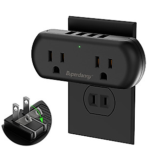 SUPERDANNY Mini Surge Protector with 2 Wide-Spaced Outlets & 4 USB Ports, Compact Size, Multi-Plug Outlet Extender for Travel, Home, Office, Black