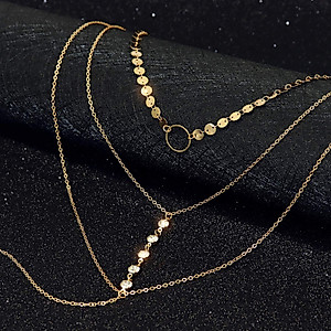 Suyi Stylish Layered Sequins Choker Necklace with Thin Long Chain Pendant for Women Lady (Crystal Gold)