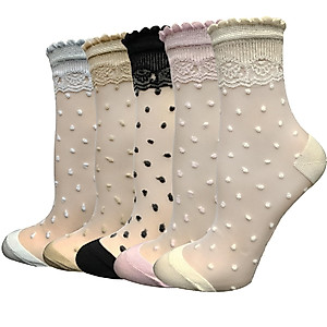 Cityelf 5 Pairs Ultra Thin Summer Socks Women Transparent Lace Elastic Silk Stockings Sheer Short Anklets (ONE SIZE FITS ALL, polka dot)