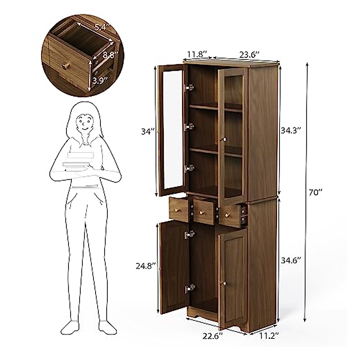 Display Cabinet with Glass Doors and Adjustable Shelves,3-Tier Home Office Bookshelf with Storage Drawers, Freestanding Storage Cabinet for Office Bedroom Dining Living Room（Natural Wood）