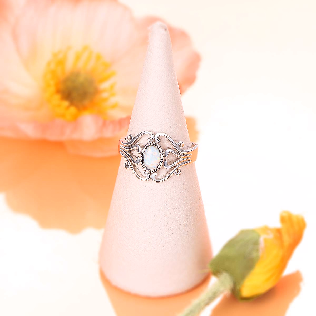 FLYOW Adjustable White Created Opal Rings for Women 925 Sterling Silver Victorian Style Rope Ring Christmas Gifts Classical Magic Mirror Rings Size 9