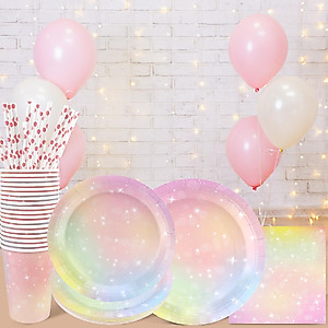 Pastel Birthday Party Supplies Decorations, Rainbow Theme Birthday Paper Plates and Napkins Set with Cups and Straws for 24 Guests, 120 Pcs Disposable Party Dessert Dinnerwares
