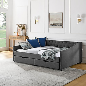 Linuque Upholstered Full Size Daybed with 2 Storage Drawers, Solid Wood Sofa Bed Frame with Button Tufted Backrest and Waved Shape Armrests with Copper Nail, Dark Grey
