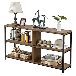 FOLUBAN Console Tables for Entryway, Rustic Wood and Metal Sofa Table, Hallway Tables with Storage Shelves for Living Room, Oak 55 inch