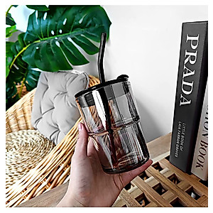 BLUEPOLAR 13oz/400ml Tumbler Water Glass, Water Bottle with Straw and Lid Sealed Carry on, Glass Coffee Mug Iced Tea Cup Thick Wall Insulated Glass Cup (Gray)