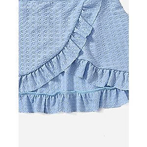 COZYEASE Girls' 3 Pcs Set Tie Front Ruffle Trim Bikini Swimsuit with Beach Skirt Cute Frill Wrap Swimsuit Light Blue 11-12Y