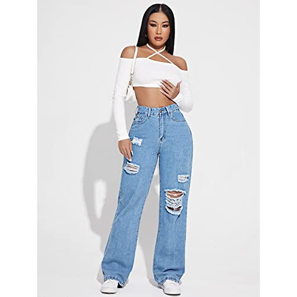 SweatyRocks Women's High Waisted Ripped Boyfriend Jeans Distressed Denim Pants with Pockets Light Wash M