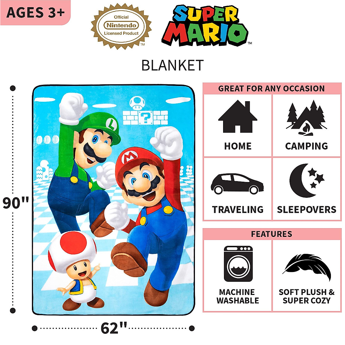 Franco Kids Bedding Super Soft Plush Micro Raschel Blanket, 62 in x 90 in, Mario