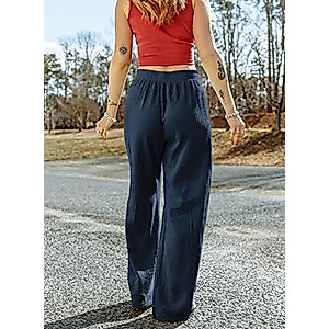 Acelitt Women's Casual Wide Leg Linen Pants Long Lounge Pant Lightweight High Waisted Trendyed Loose Fall Fashion 2023 Pants Long Lounge Pant Trousers Blue XL
