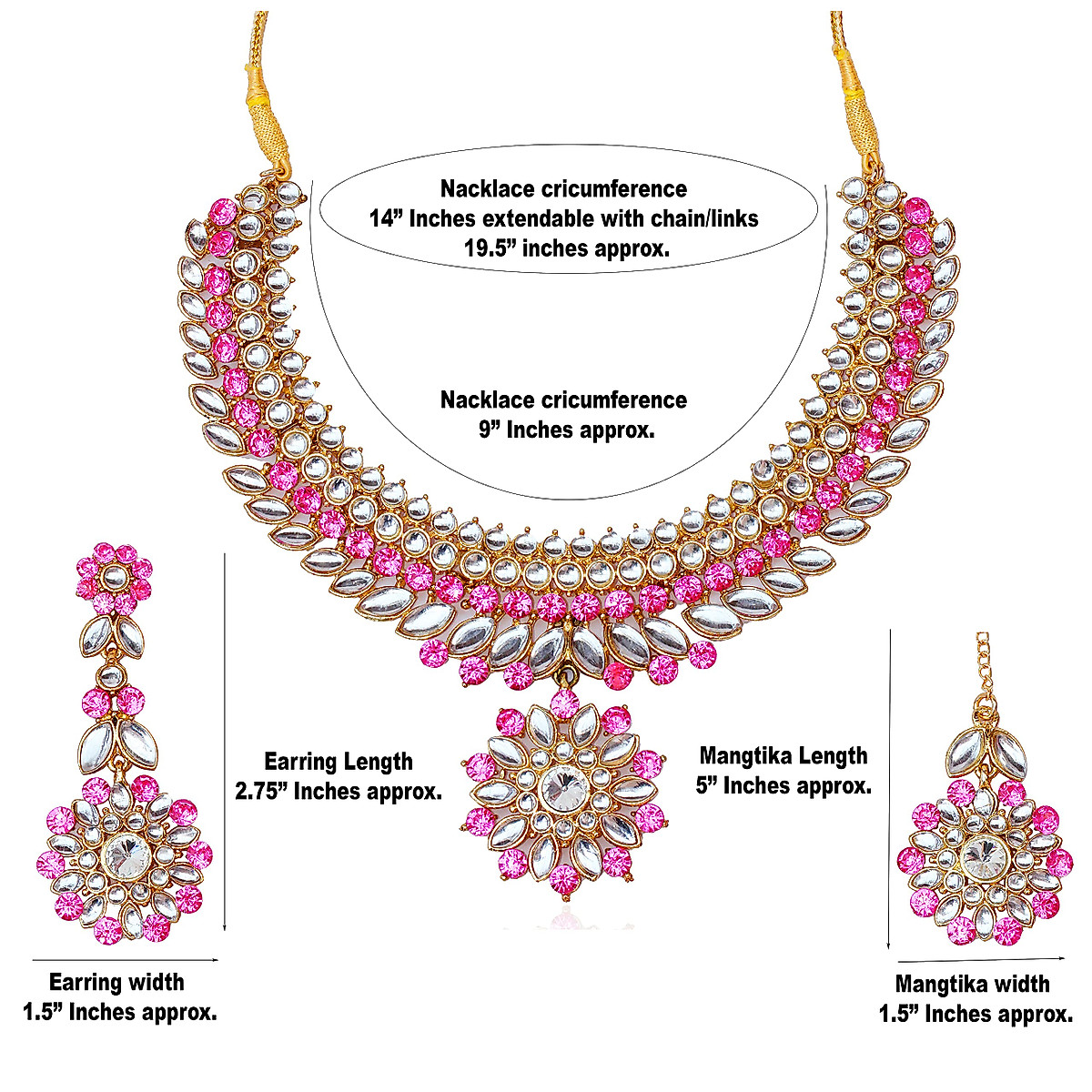 Touchstone gold tone Indian Hollywood Mughal era Kundan look fuchsia color bridal jewelry necklace set