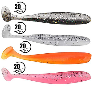 Demeras 20PCS Soft Fishing Lures Kit 7.5cm Plastic T-Tail Grub Worm Baits Artificial Fish Tackle Accessory for Freshwater Saltwater(White)