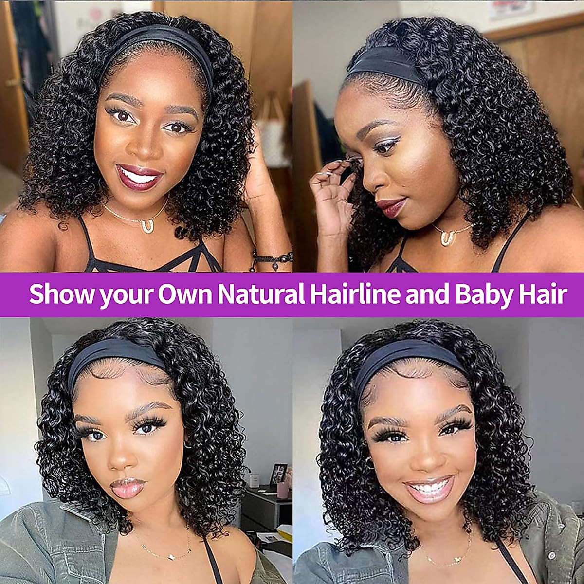 Headband Wigs Afro Curly Headband Wig for Black Women Human Hair Water Wave Natural Hair Women's Headband Wig Deep Wave 10 Inch 150% Density Machine Made No Lace deep Curly Front Headband Wig wigs